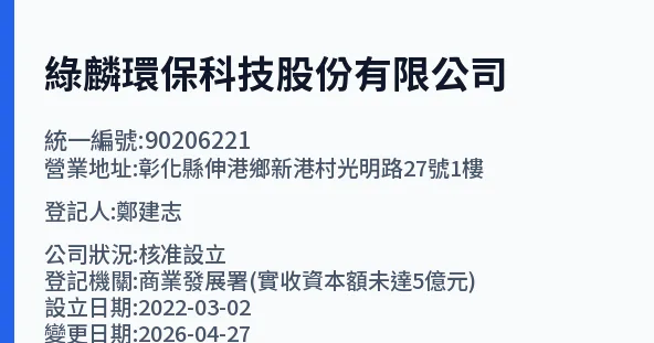 綠麟環保科技股份有限公司的照片-統編 90206221(彰化縣) 公司登記資料與營業項目詳細圖表