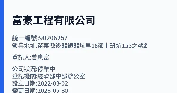 富豪工程有限公司的照片-統編 90206257(苗栗縣) 公司登記資料與營業項目詳細圖表