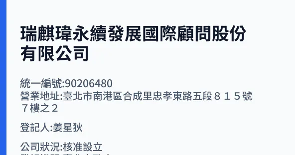 瑞麒瑋永續發展國際顧問股份有限公司 - 統編 90206480(臺北市) 公司登記資料與營業項目詳細圖表