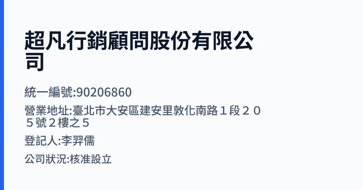 超凡行銷顧問股份有限公司 - 統編 90206860(臺北市) 公司登記資料與營業項目詳細圖表