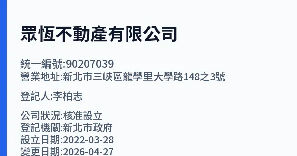 眾恆不動產有限公司的照片-統編 90207039(新北市) 公司登記資料與營業項目詳細圖表