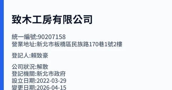 致木工房有限公司的照片-統編 90207158(新北市) 公司登記資料與營業項目詳細圖表