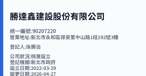 勝達鑫建設股份有限公司的照片-統編 90207220(新北市) 公司登記資料與營業項目詳細圖表