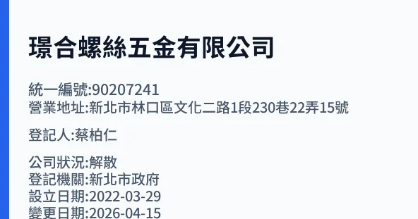 璟合螺絲五金有限公司的照片-統編 90207241(新北市) 公司登記資料與營業項目詳細圖表