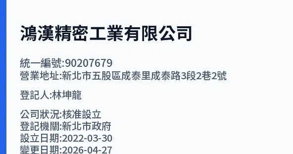 鴻漢精密工業有限公司的照片-統編 90207679(新北市) 公司登記資料與營業項目詳細圖表