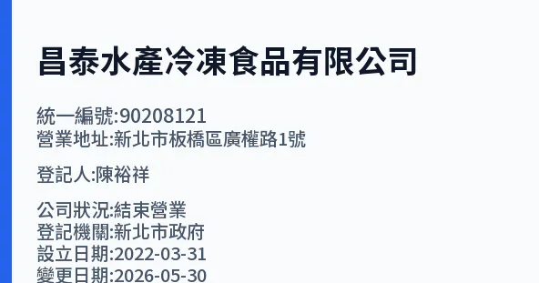 昌泰水產冷凍食品有限公司的照片-統編 90208121(新北市) 公司登記資料與營業項目詳細圖表