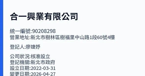 合一興業有限公司的照片-統編 90208298(新北市) 公司登記資料與營業項目詳細圖表
