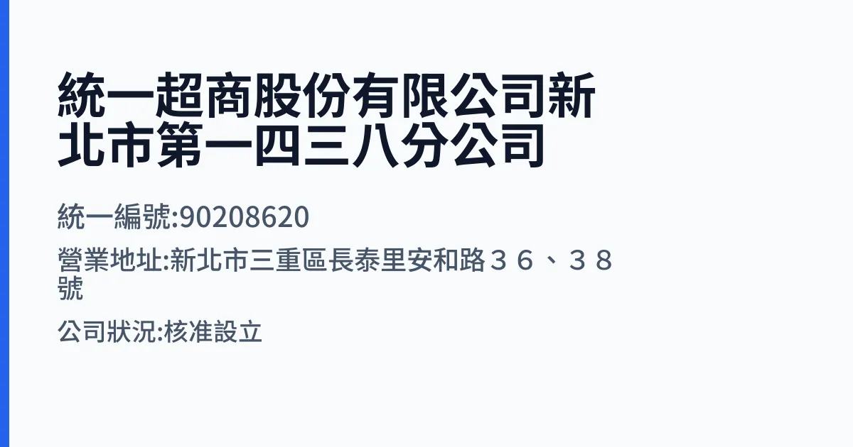 統一超商股份有限公司新北市第一四三八分公司 - 統編 90208620(新北市) 公司登記資料與營業項目詳細圖表