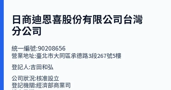 日商迪恩喜股份有限公司台灣分公司的照片-統編 90208656(臺北市) 公司登記資料與營業項目詳細圖表