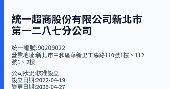 統一超商股份有限公司新北市第一二八七分公司的照片-統編 90209022(新北市) 公司登記資料與營業項目詳細圖表