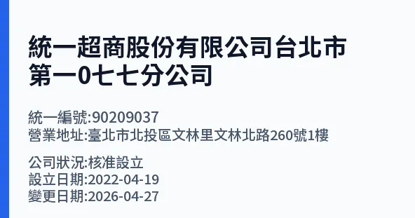 統一超商股份有限公司台北市第一0七七分公司的照片-統編 90209037(臺北市) 公司登記資料與營業項目詳細圖表