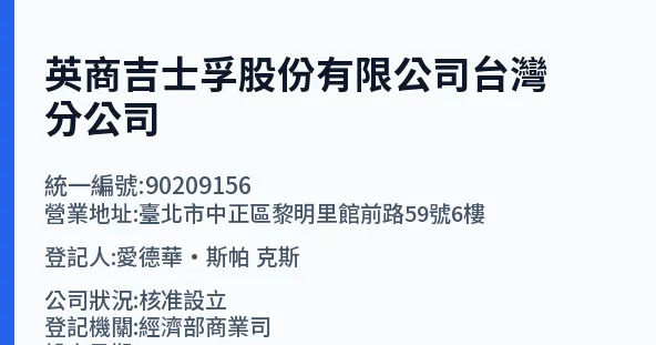 英商吉士孚股份有限公司台灣分公司的照片-統編 90209156(臺北市) 公司登記資料與營業項目詳細圖表