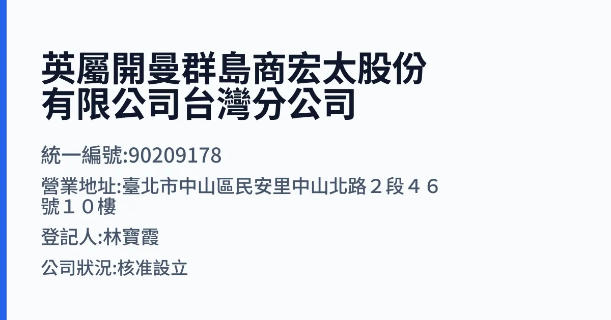 英屬開曼群島商宏太股份有限公司台灣分公司 - 統編 90209178(臺北市) 公司登記資料與營業項目詳細圖表