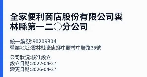 全家便利商店股份有限公司雲林縣第一二○分公司的照片-統編 90209304(雲林縣) 公司登記資料與營業項目詳細圖表