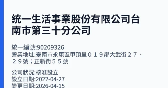統一生活事業股份有限公司台南巿第三十分公司的照片-統編 90209326(臺南市) 公司登記資料與營業項目詳細圖表
