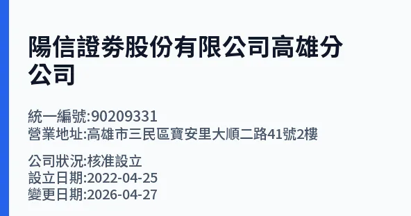 陽信證劵股份有限公司高雄分公司的照片-統編 90209331(高雄市) 公司登記資料與營業項目詳細圖表