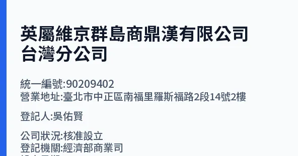 英屬維京群島商鼎漢有限公司台灣分公司的照片-統編 90209402(臺北市) 公司登記資料與營業項目詳細圖表