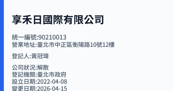享禾日國際有限公司的照片-統編 90210013(臺北市) 公司登記資料與營業項目詳細圖表