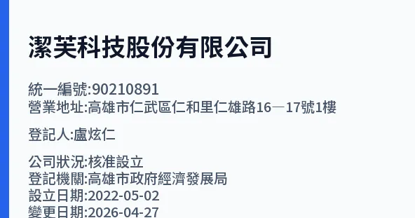 潔芙科技股份有限公司的照片-統編 90210891(高雄市) 公司登記資料與營業項目詳細圖表