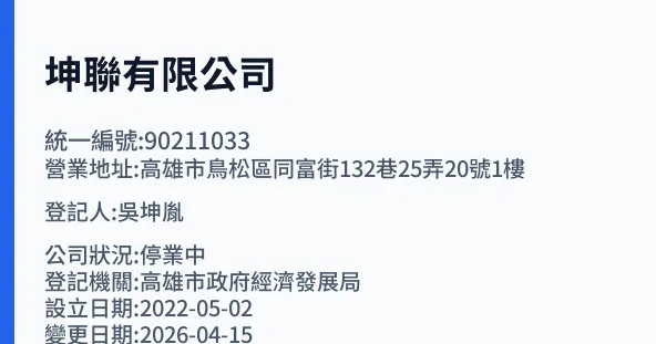 坤聯有限公司的照片-統編 90211033(高雄市) 公司登記資料與營業項目詳細圖表