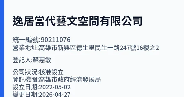 逸居當代藝文空間有限公司的照片-統編 90211076(高雄市) 公司登記資料與營業項目詳細圖表