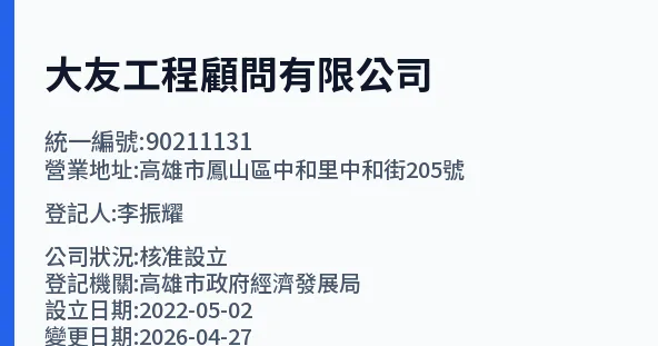 大友工程顧問有限公司的照片-統編 90211131(高雄市) 公司登記資料與營業項目詳細圖表