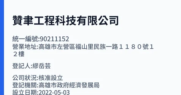 贊聿工程科技有限公司的照片-統編 90211152(高雄市) 公司登記資料與營業項目詳細圖表
