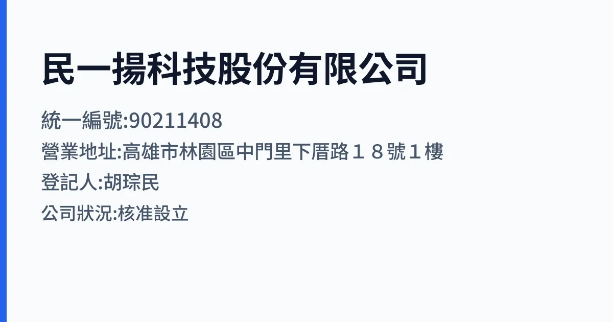 民一揚科技股份有限公司 - 統編 90211408(高雄市) 公司登記資料與營業項目詳細圖表