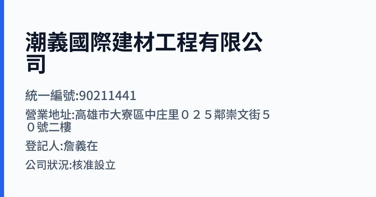 潮義國際建材工程有限公司 - 統編 90211441（高雄市） 公司登記資料與營業項目詳細圖表