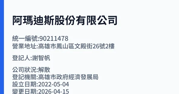 阿瑪迪斯股份有限公司的照片-統編 90211478(高雄市) 公司登記資料與營業項目詳細圖表