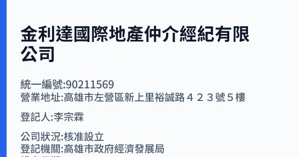 金利達國際地產仲介經紀有限公司的照片-統編 90211569(高雄市) 公司登記資料與營業項目詳細圖表