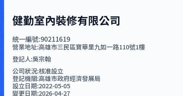 健勤室內裝修有限公司的照片-統編 90211619(高雄市) 公司登記資料與營業項目詳細圖表