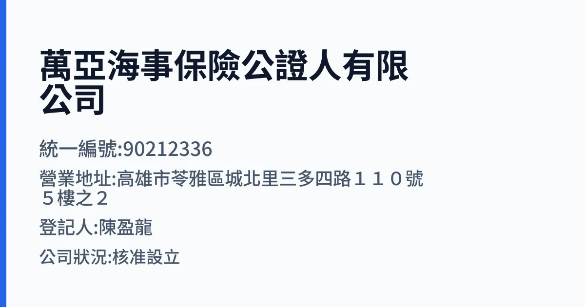 萬亞海事保險公證人有限公司 - 統編 90212336（高雄市） 公司登記資料與營業項目詳細圖表