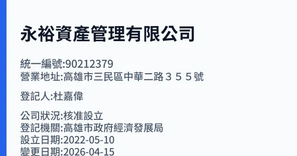 永裕資產管理有限公司的照片-統編 90212379(高雄市) 公司登記資料與營業項目詳細圖表
