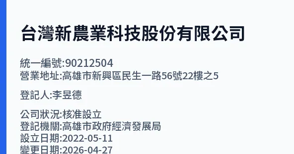 台灣新農業科技股份有限公司的照片-統編 90212504(高雄市) 公司登記資料與營業項目詳細圖表