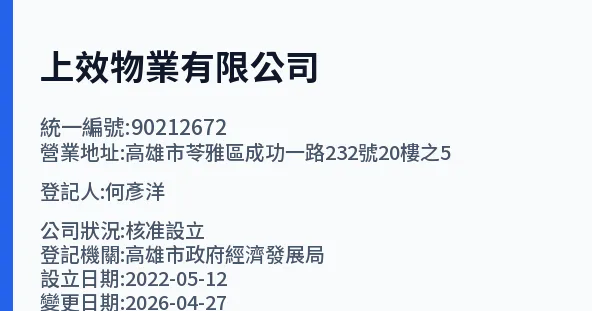 上效物業有限公司的照片-統編 90212672(高雄市) 公司登記資料與營業項目詳細圖表