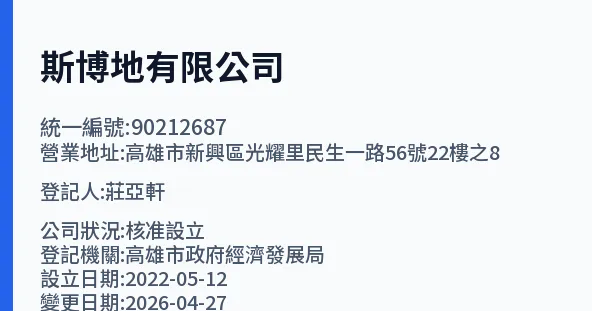 斯博地有限公司的照片-統編 90212687(高雄市) 公司登記資料與營業項目詳細圖表