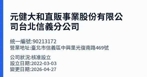 元健大和直販事業股份有限公司台北信義分公司的照片-統編 90213172(臺北市) 公司登記資料與營業項目詳細圖表
