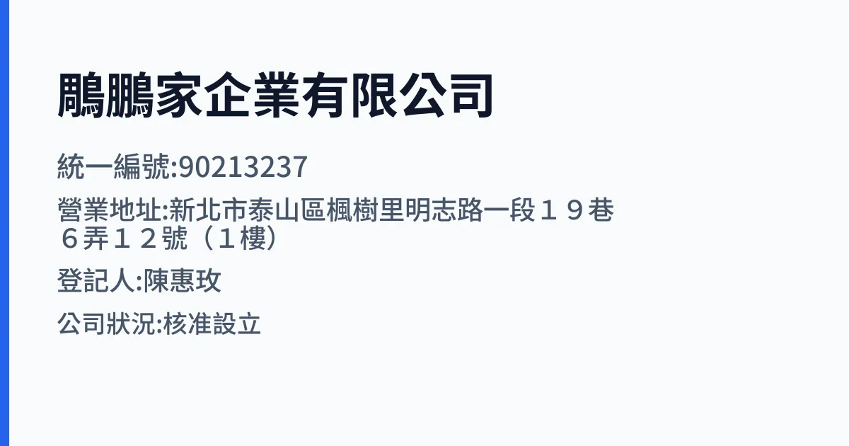 鵰鵬家企業有限公司 - 統編 90213237(新北市) 公司登記資料與營業項目詳細圖表