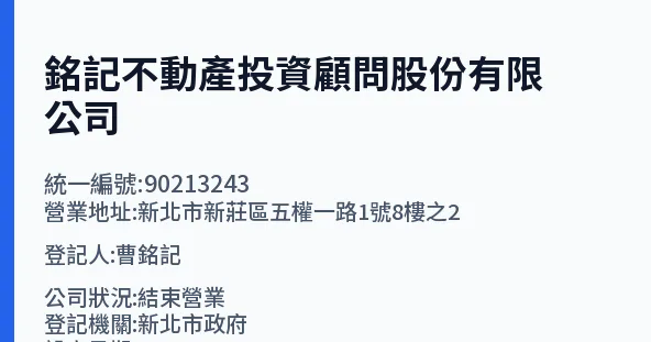 銘記不動產投資顧問股份有限公司的照片-統編 90213243(新北市) 公司登記資料與營業項目詳細圖表