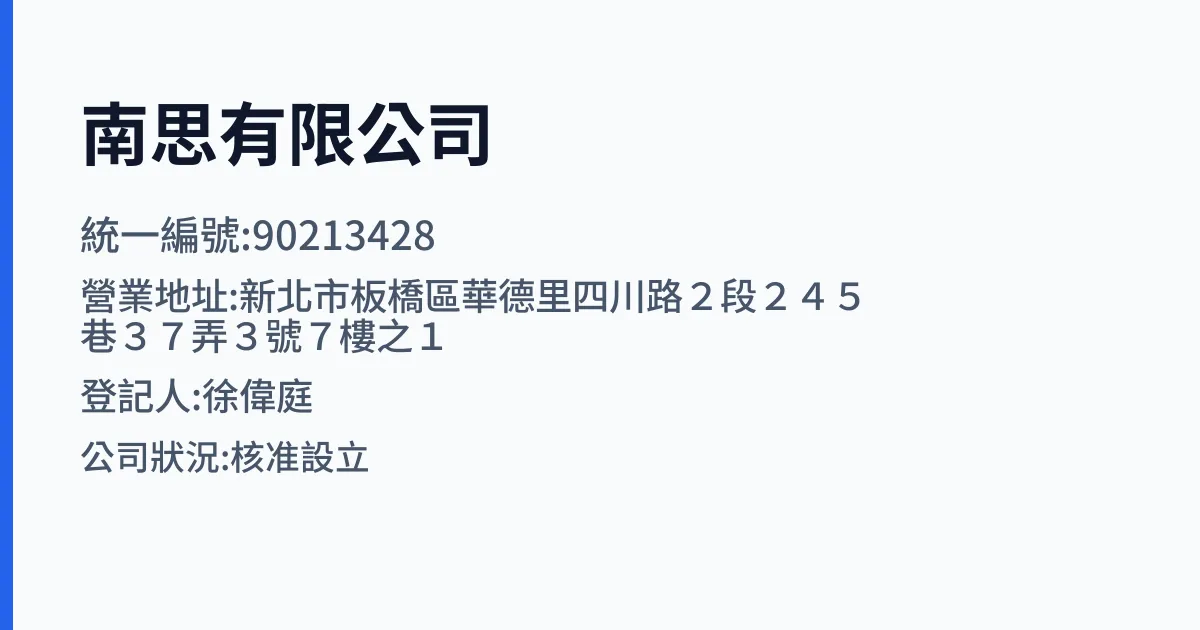 南思有限公司 - 統編 90213428(新北市) 公司登記資料與營業項目詳細圖表