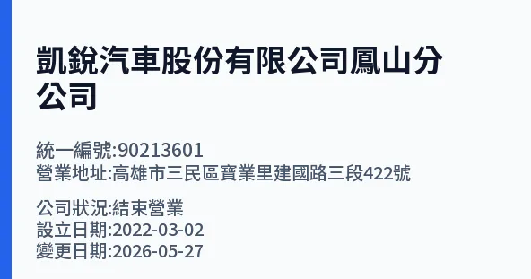 凱銳汽車股份有限公司鳳山分公司的照片-統編 90213601(高雄市) 公司登記資料與營業項目詳細圖表