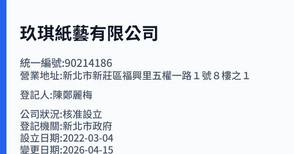 玖琪紙藝有限公司的照片-統編 90214186(新北市) 公司登記資料與營業項目詳細圖表