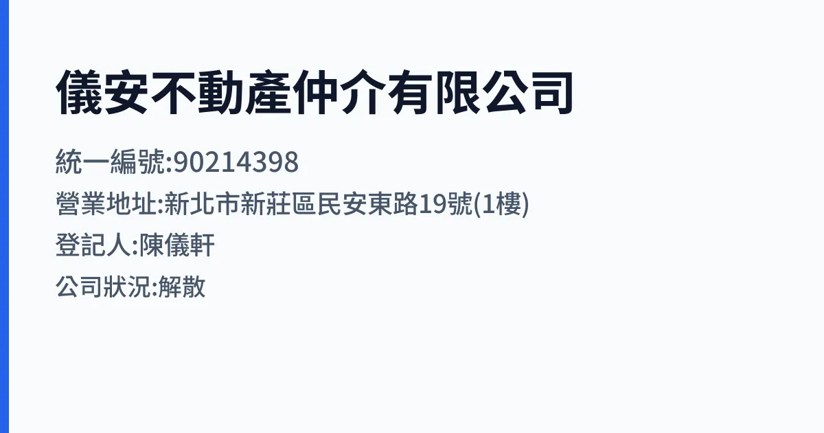 儀安不動產仲介有限公司 - 統編 90214398(新北市) 公司登記資料與營業項目詳細圖表