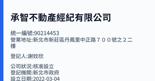 承智不動產經紀有限公司的照片-統編 90214453(新北市) 公司登記資料與營業項目詳細圖表