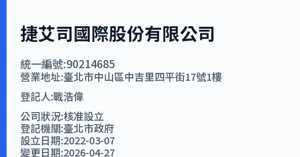 捷艾司國際股份有限公司的照片-統編 90214685(臺北市) 公司登記資料與營業項目詳細圖表