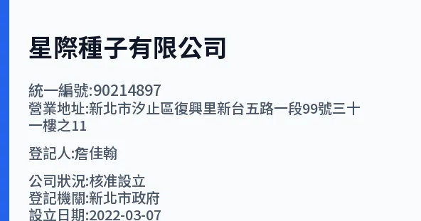 星際種子有限公司的照片-統編 90214897(新北市) 公司登記資料與營業項目詳細圖表