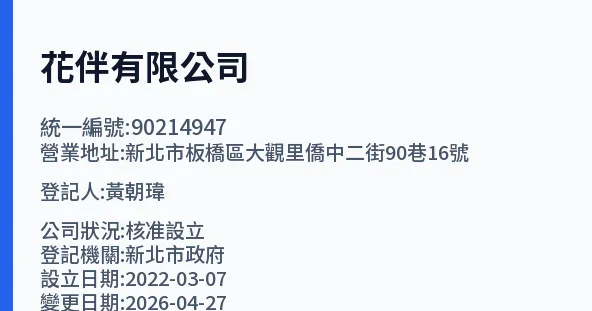 花伴有限公司的照片-統編 90214947(新北市) 公司登記資料與營業項目詳細圖表