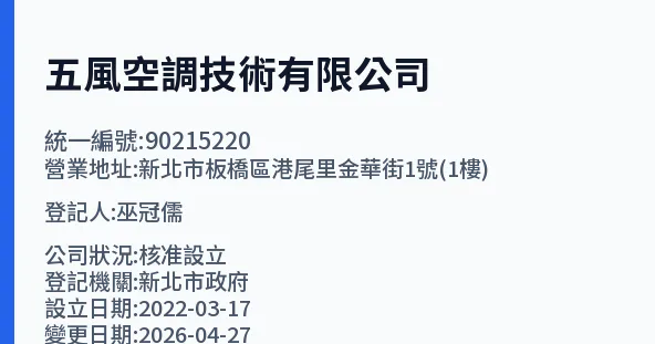 五風空調技術有限公司的照片-統編 90215220(新北市) 公司登記資料與營業項目詳細圖表