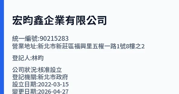 宏昀鑫企業有限公司的照片-統編 90215283(新北市) 公司登記資料與營業項目詳細圖表